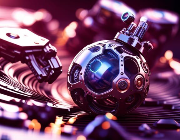 A close-up detailed mechanical sphere on a sparkly green glitter floor ...