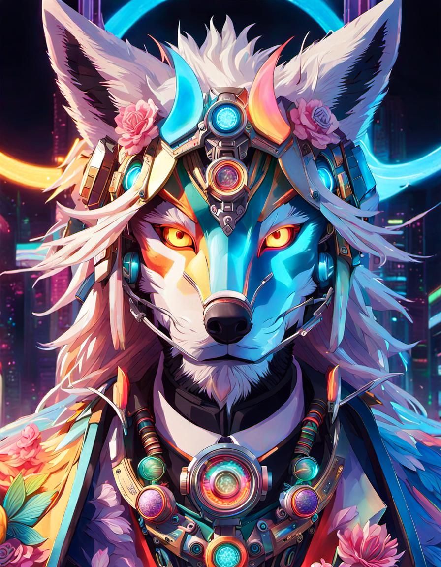 (masked robot magical fox with cyber protective mask, many demon ...