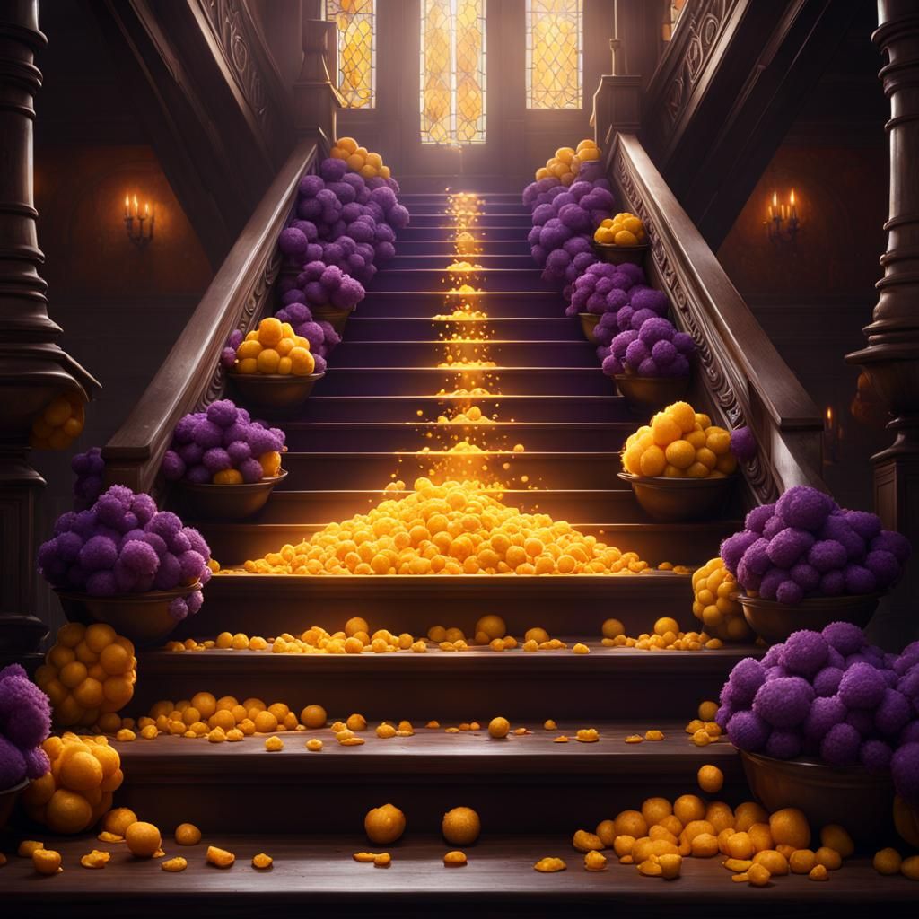 bucket of cheesepuffs falling down the stairs - AI Generated Artwork ...