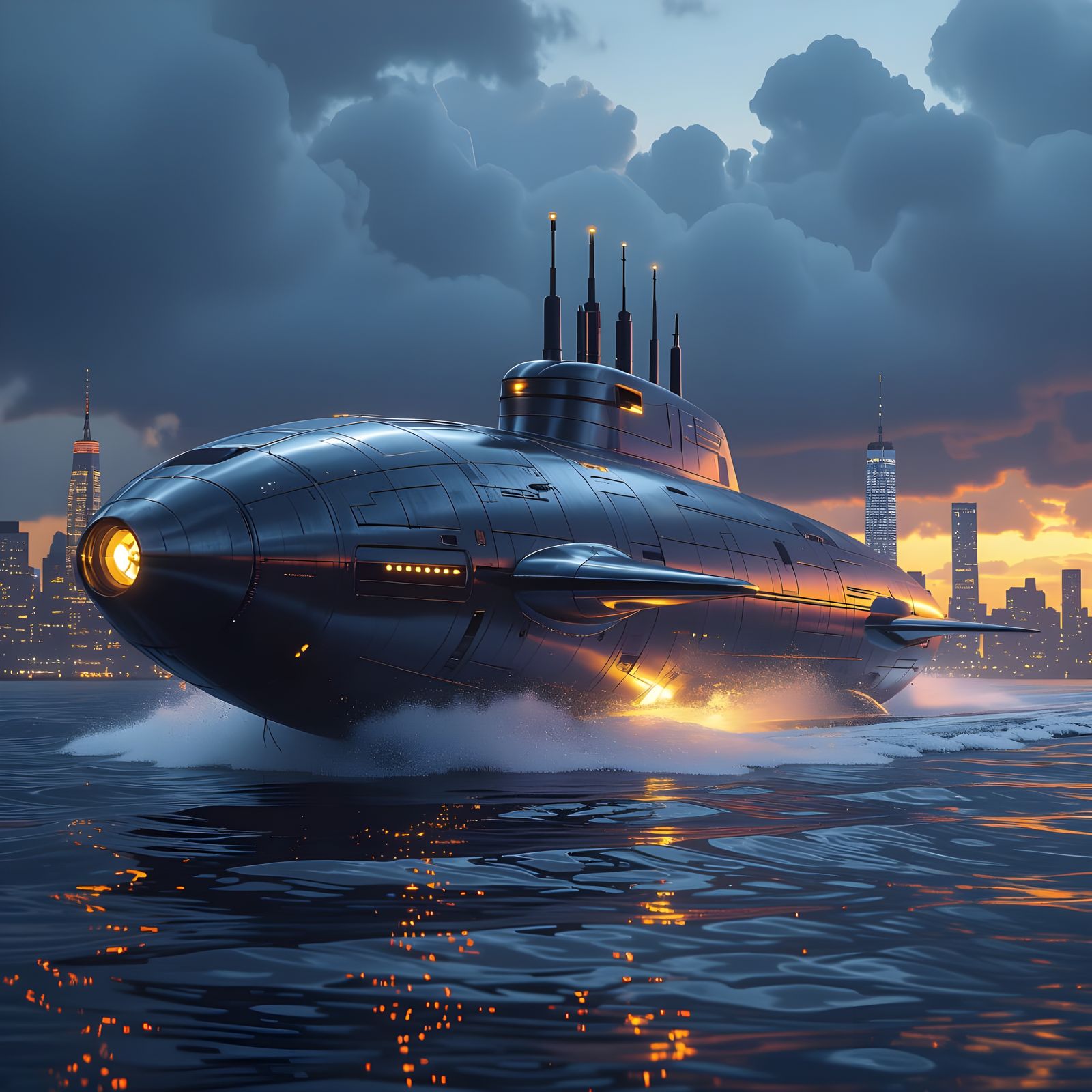 Futuristic Submarine Breaching Near New York City - AI Art