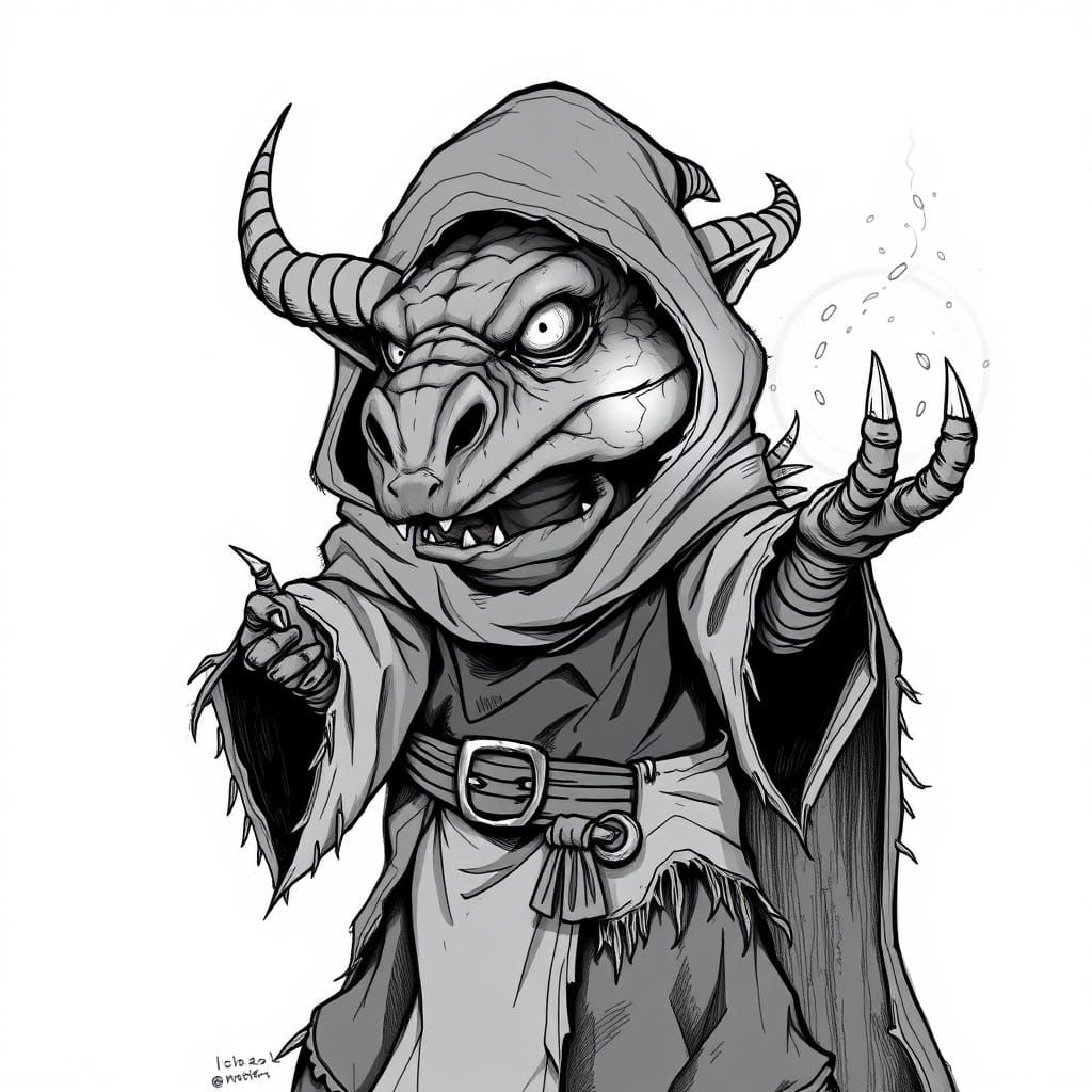 "A black-and-white illustration of a Dungeons & Dragons kobold wizard ...