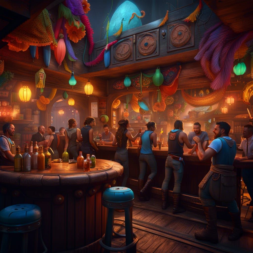 Teamwork at bar make fiesta after works detailed matte painting, deep ...