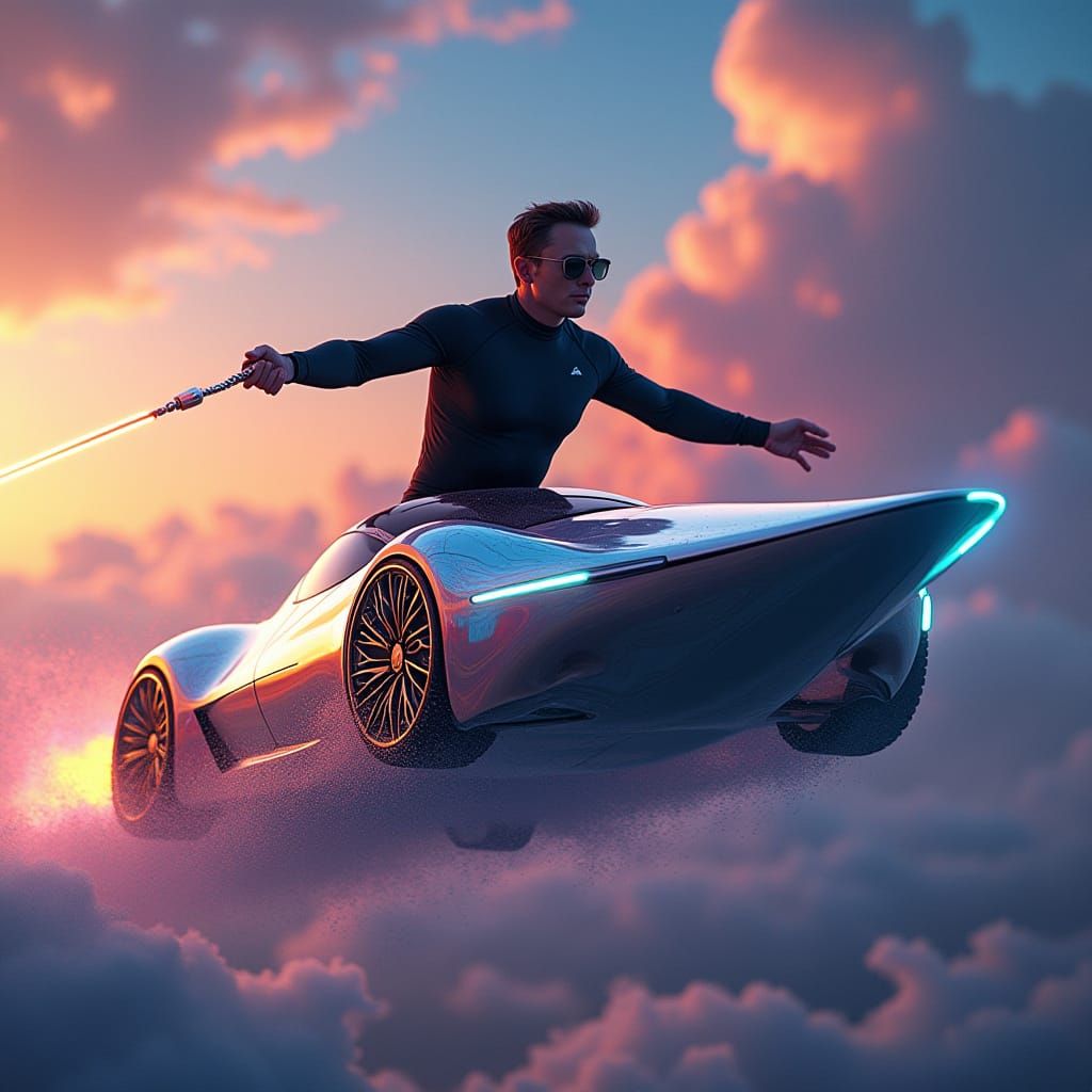 Elon Musk Rides a Neon Flying Car into a Vibrant S... - AI Art