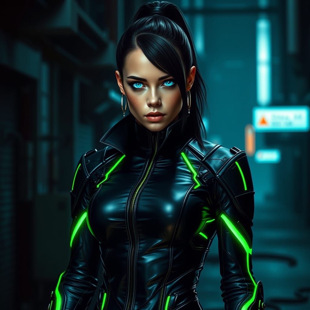 Cyborg Heroine in Neon Leather Suit, Cinematic Fil... - AI Art