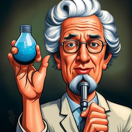 Mad Magazine mad, wide-eyed, leering, scientist “Who me?” With foaming ...