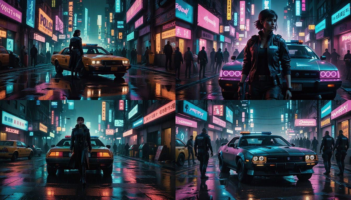 Epic Cyberpunk Cop Emerges from Neon Rainy Night - AI Art