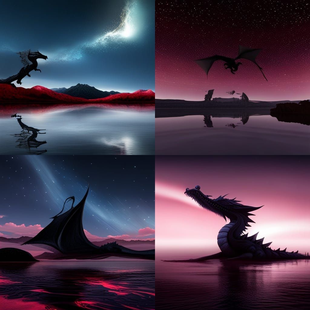 a black dragon on a crimson lake under a starry night sky in 8K ...