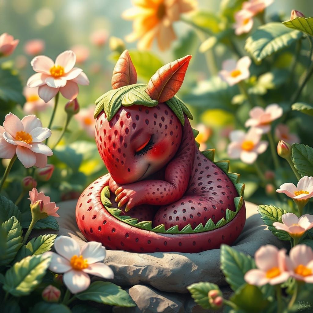 Chibi Strawberry Dragon in Lush Garden - AI Art