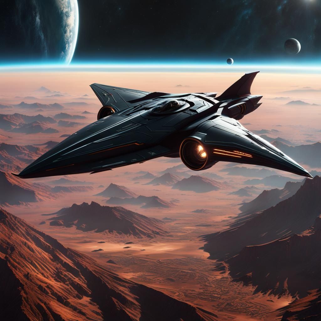 black elegant sleek elven starfighter in orbit of alien planet - AI ...