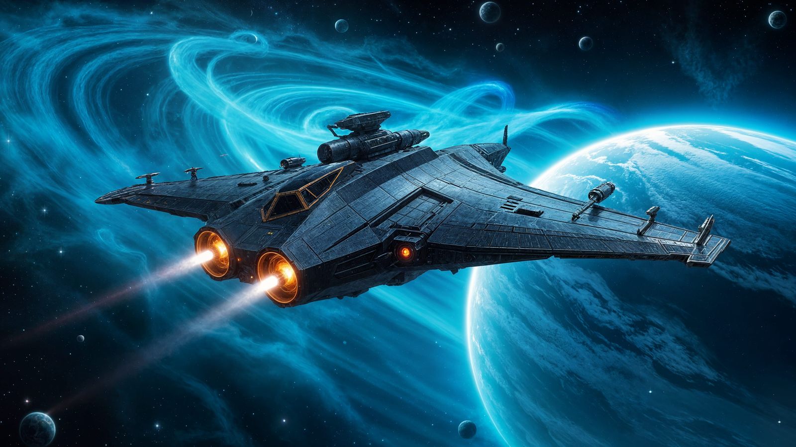 A sleek, purposeful, raptor-like spaceship, powerful engines, its dark ...