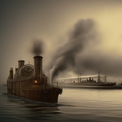 a (large steamship), full of gears and pins, pipes, white steam blowing ...