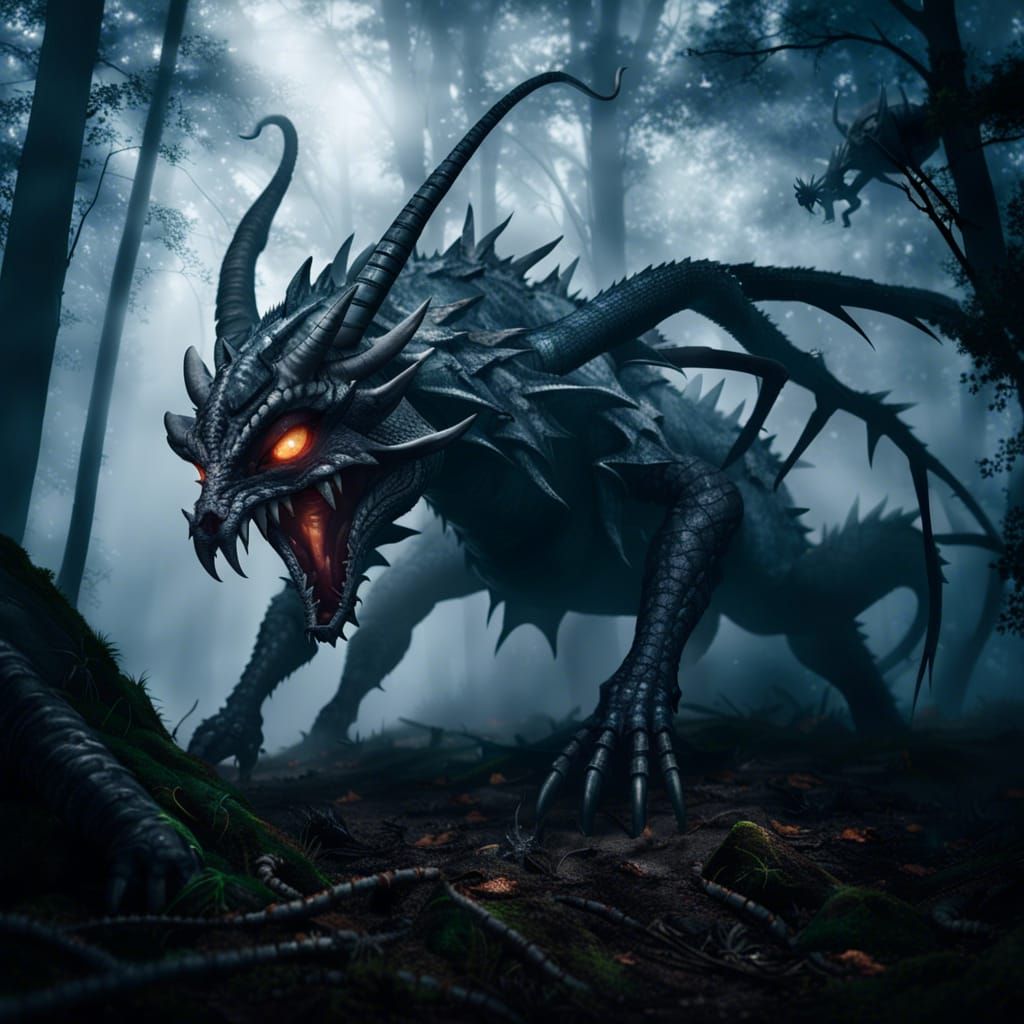 a giant monster hybrid of dragon and spider, in dark dense foggy forest ...