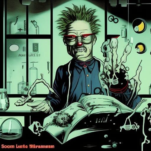 Mad scientist in the lab creates the doom of the world horror sinister ...