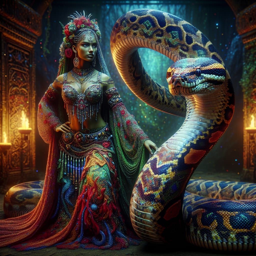 Face on, realistic, python, draped, around, belly dancer, background ...