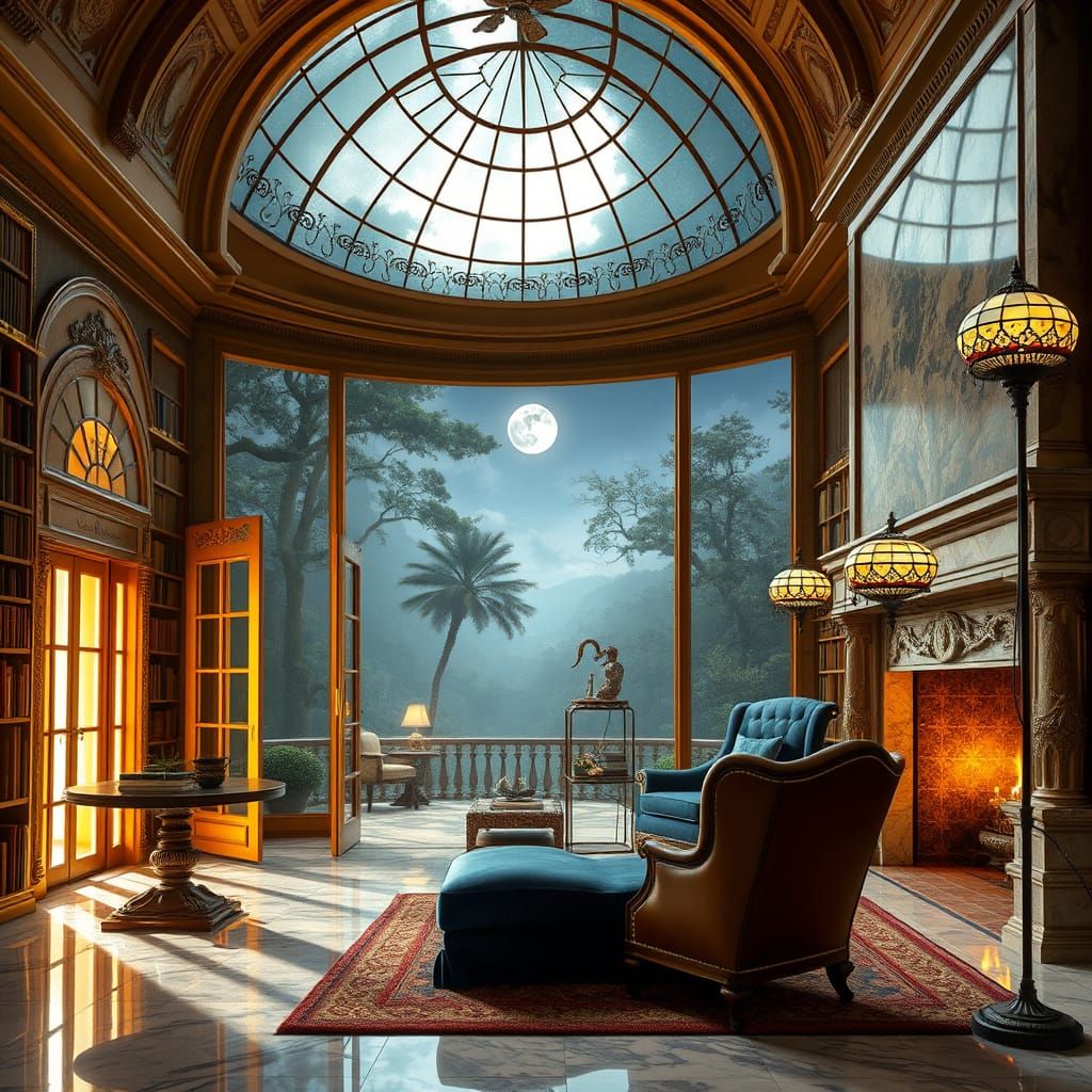 Steampunk library in the jungle forest