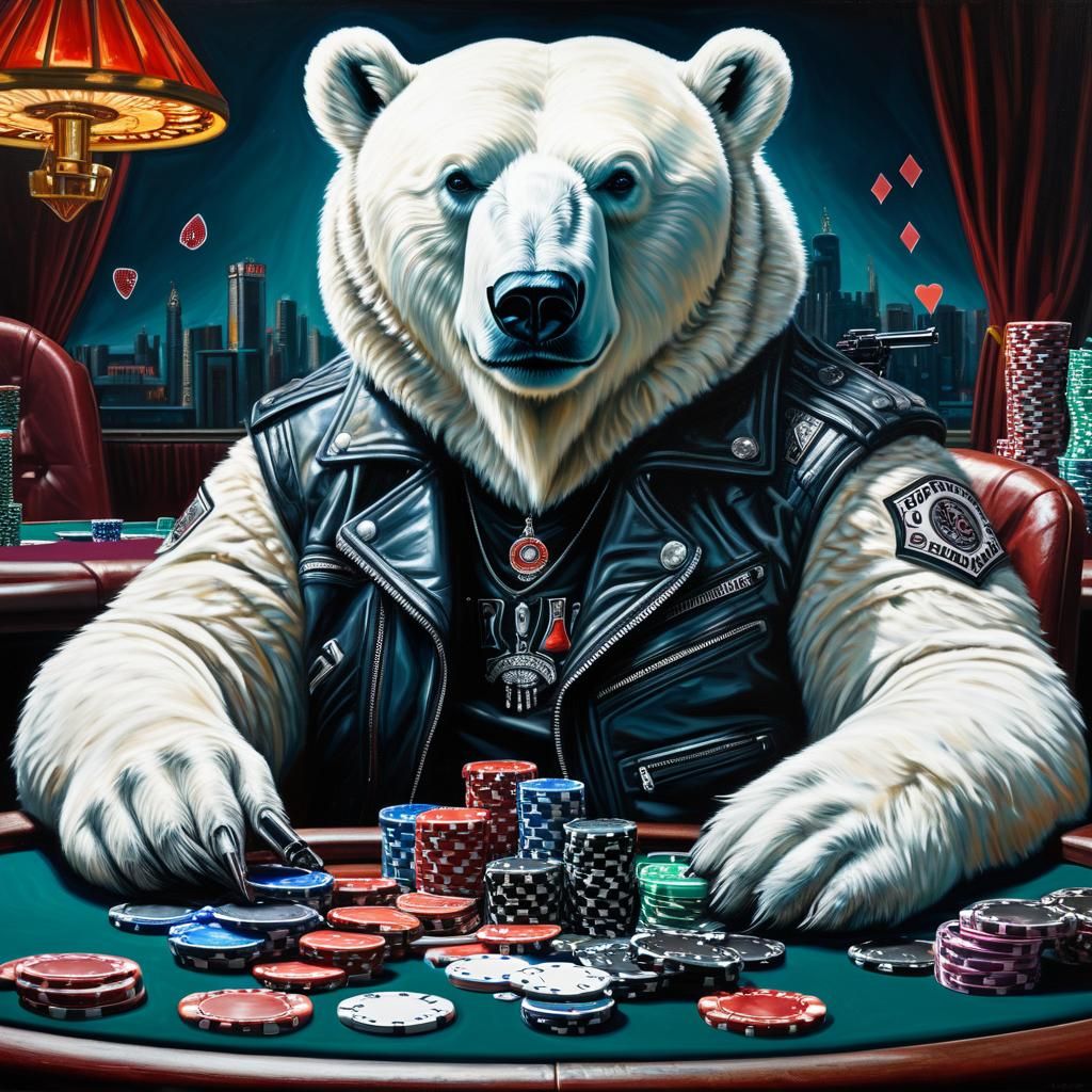 Front view of a polar bear playing poker wearing a bikers sleeveless ...