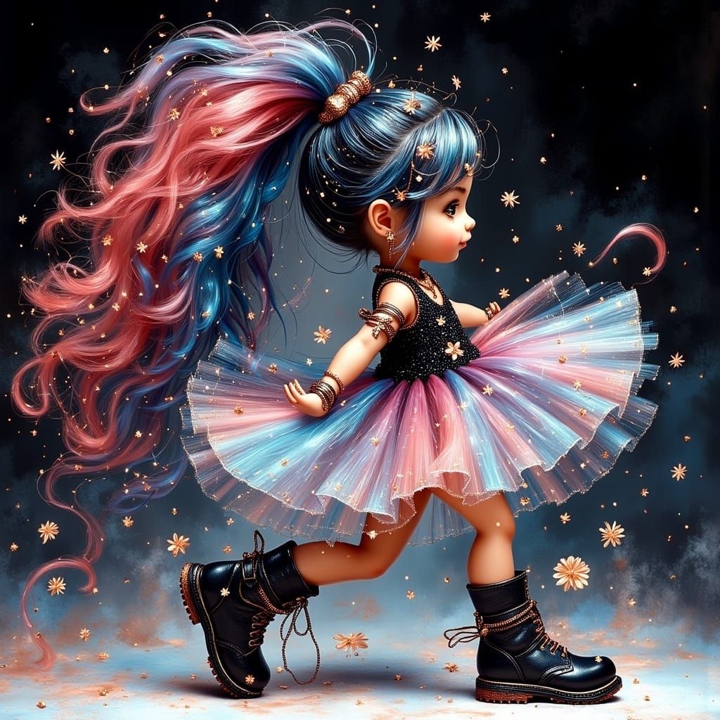 Funky whimsical girl walking, colored hair and tutu, boots