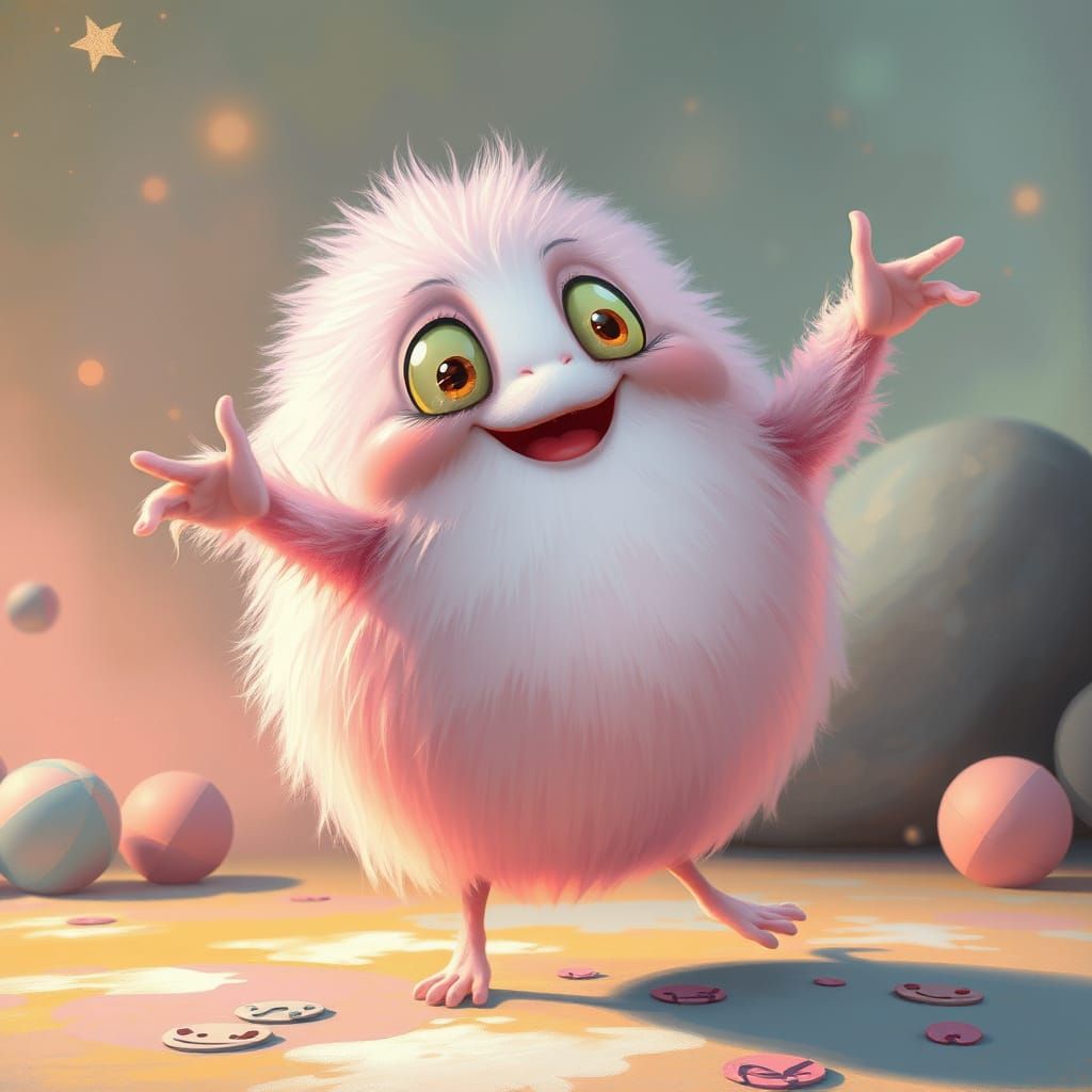 Whimsical Pink Furry Egg Creature Dances with Joy - AI Art