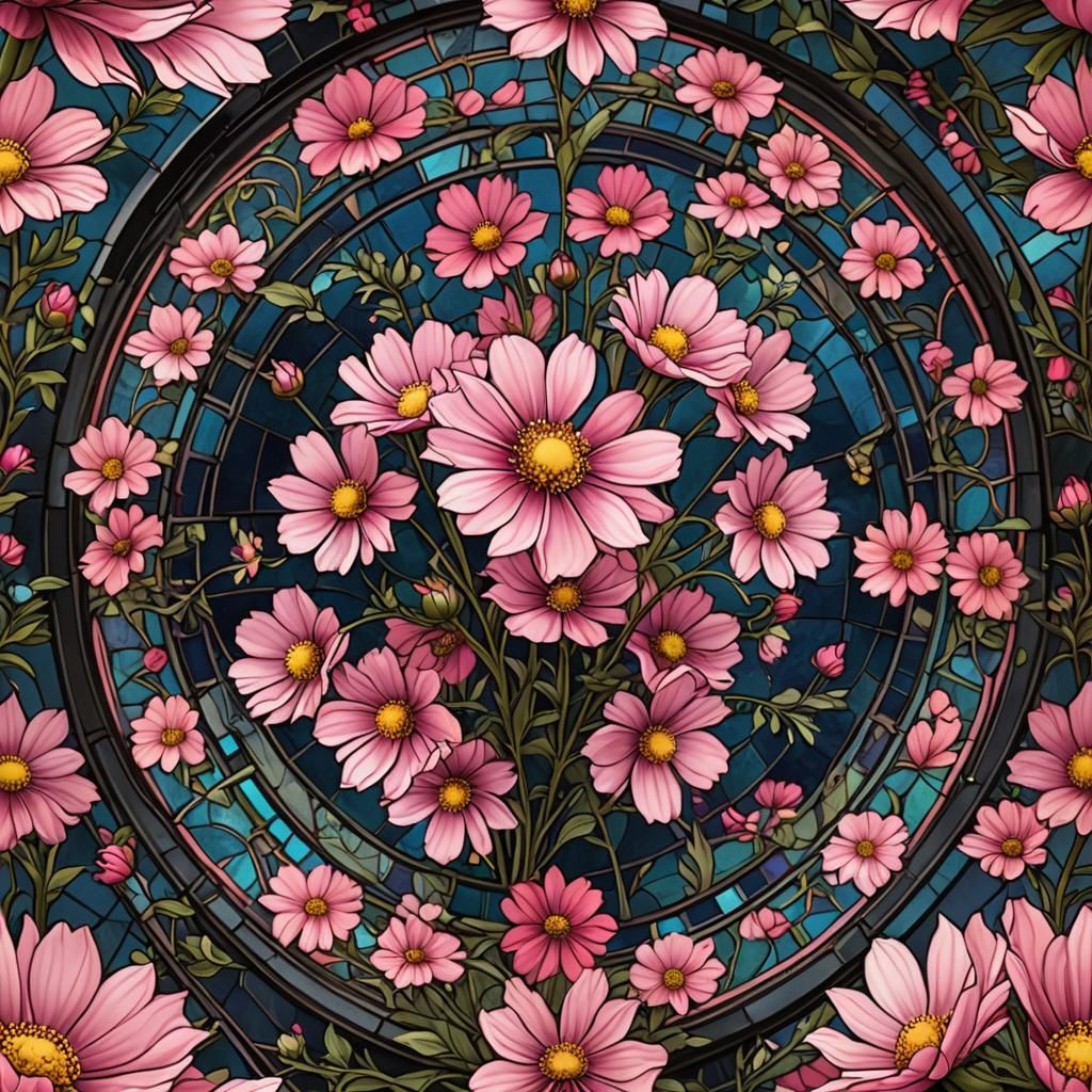 traditional stain glass round, vibrant pink cosmos flower in center ...