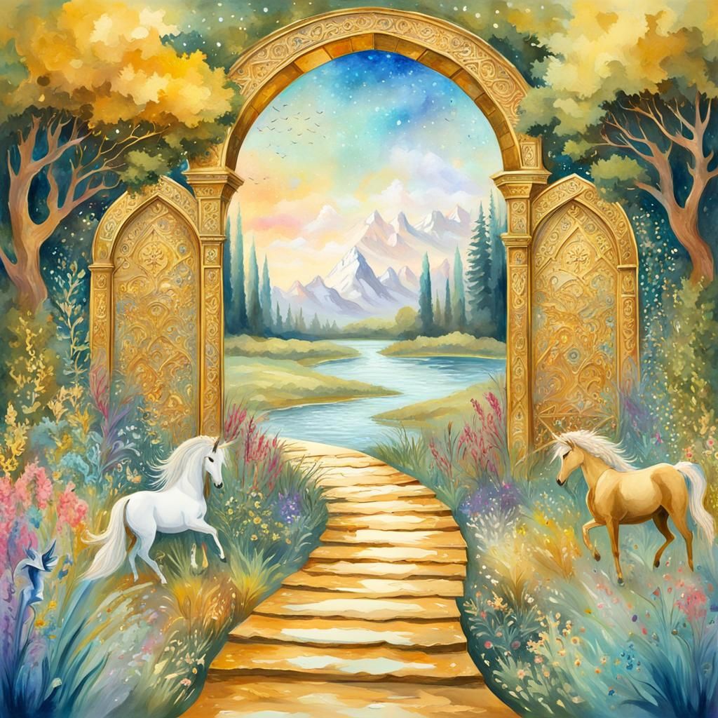 Golden pathway to an arched bejeweled gateway, Meadow background with ...