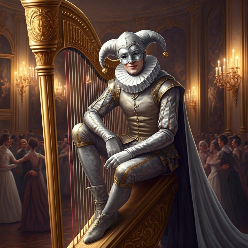 Surreal Jester Performs on Enchanted Harp in Royal... - AI Art