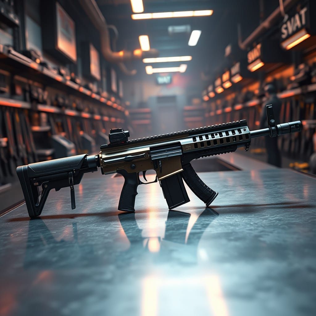 High-Tech SWAT Rifle on Modern Workbench - AI Art