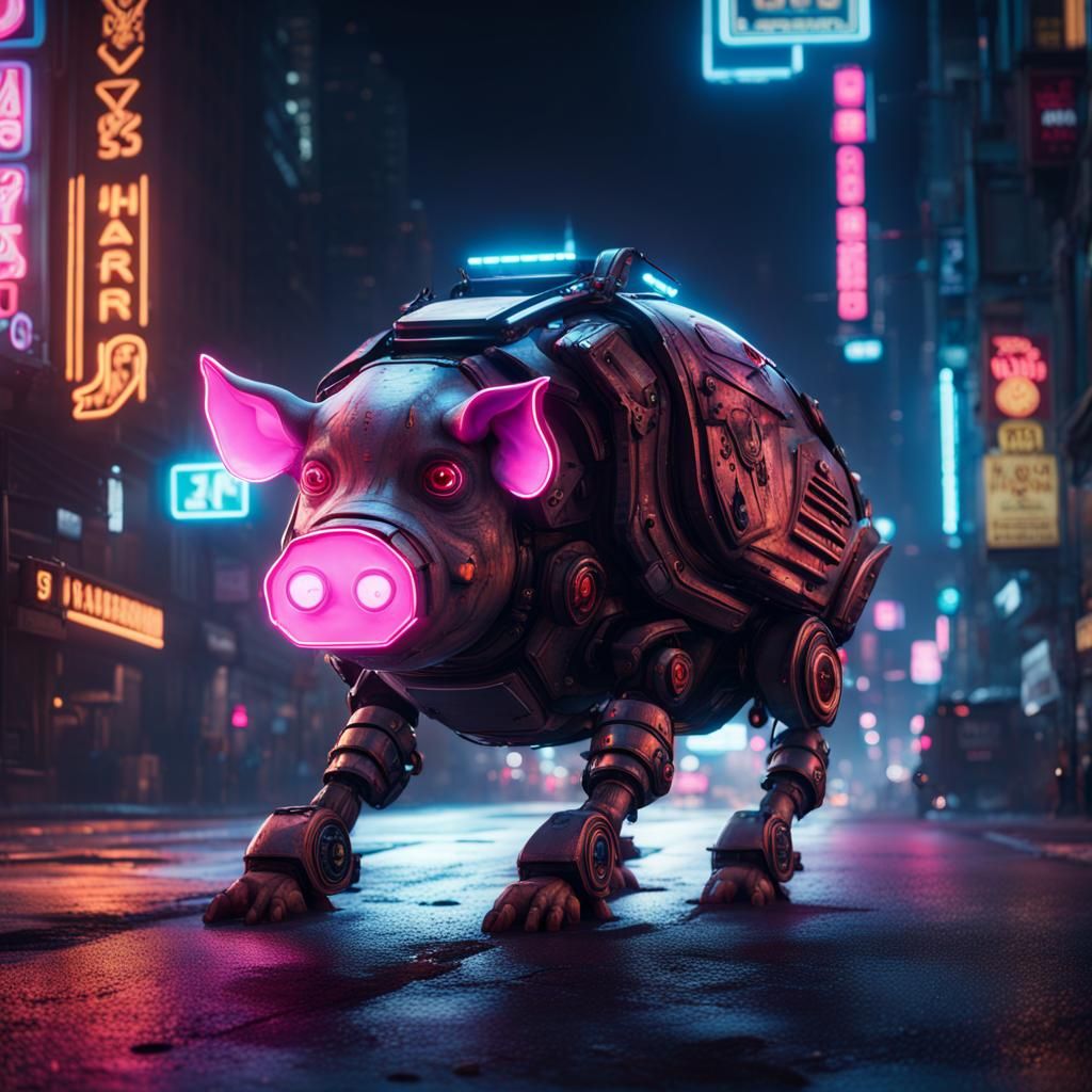 Robot scary armoured pig standing on rear legs neon city street at ...