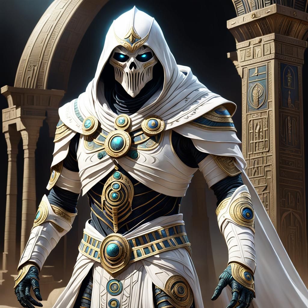 Mummy Knight, White and white hooded cloak symbiont suit, Cresent moon chest emblem, Mummy ...