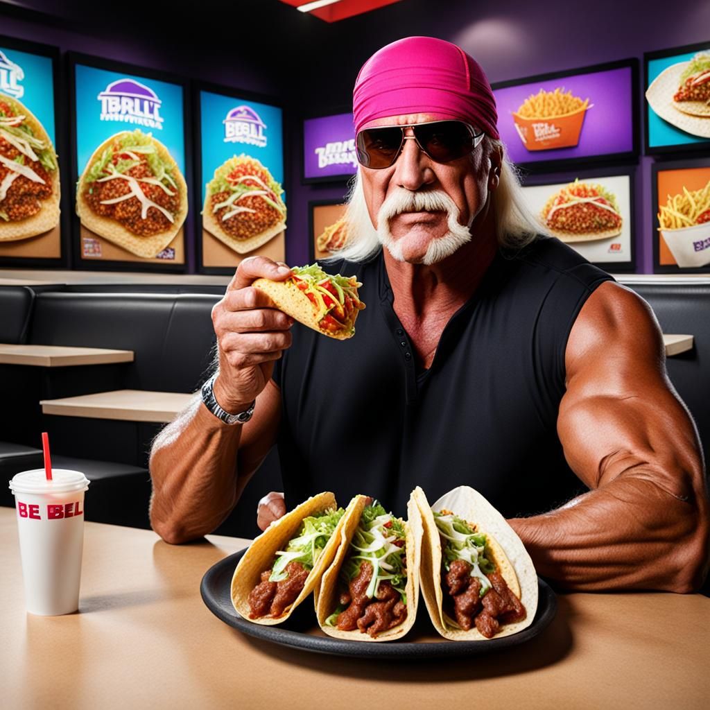 Hulk Hogan enjoying Taco Bell, perfectly rendered surrealism - AI ...