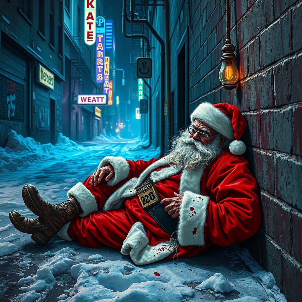 Surreal 80s Urban Nightmare of a Boozy Santa Claus - AI Art