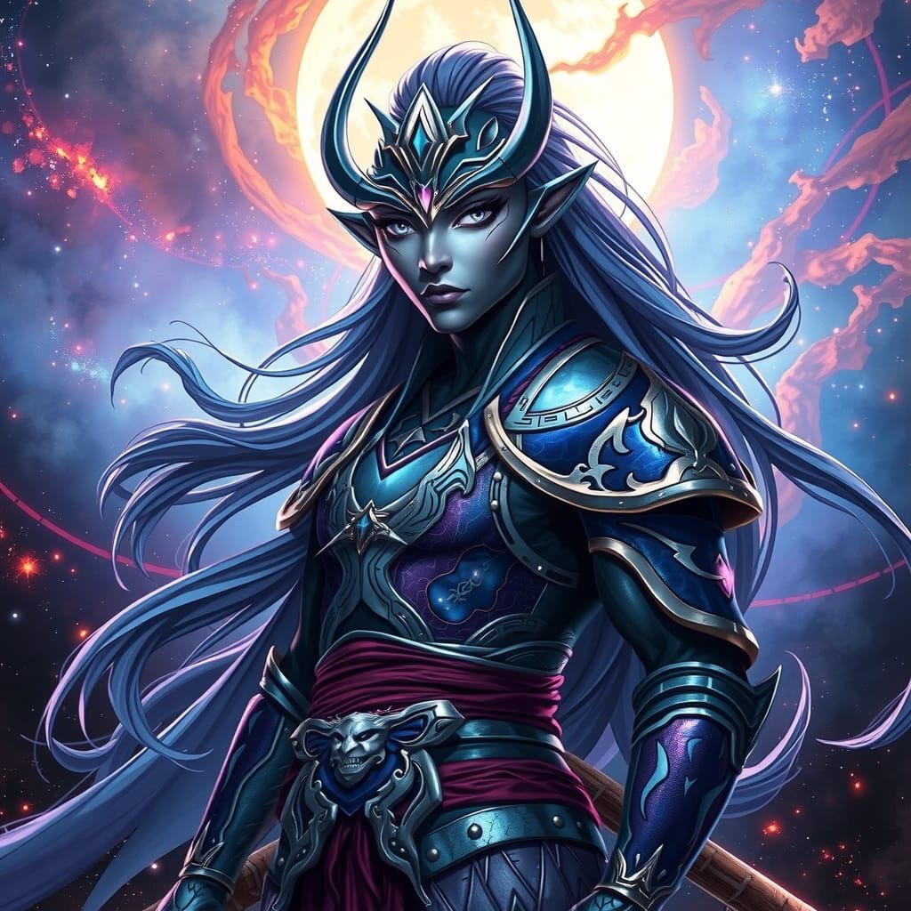 Ethereal Drow Elf Samurai in Cosmic Balance - AI Art