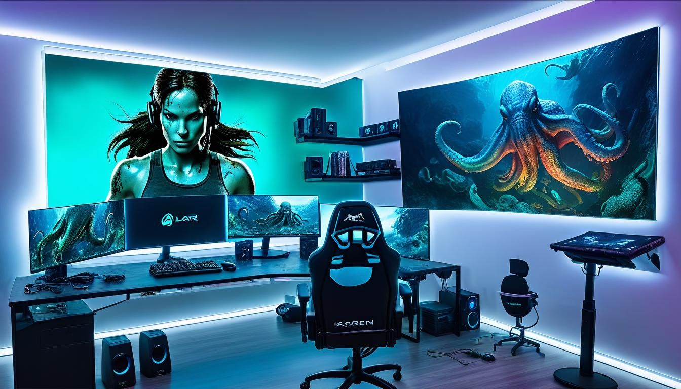 Ein Gaming Studio Room schillernde Farben iridescent neon mit lara ...