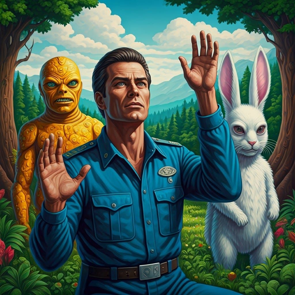 Man Confronts Alien Beings in Vibrant Pop Art Styl... - AI Art