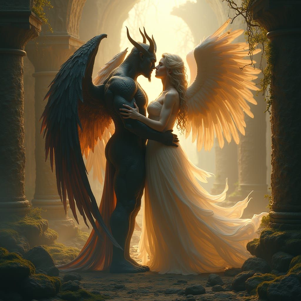 Between heaven and hell - Ethereal Demon and Angel in Gothic...