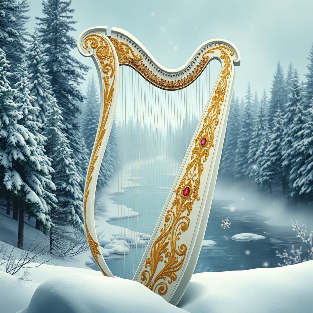 Ethereal Winter Scene with Stunning White Harp and... - AI Art