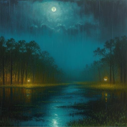 Mysterious Swamp Land Under Moonlit Rainfall - AI Art