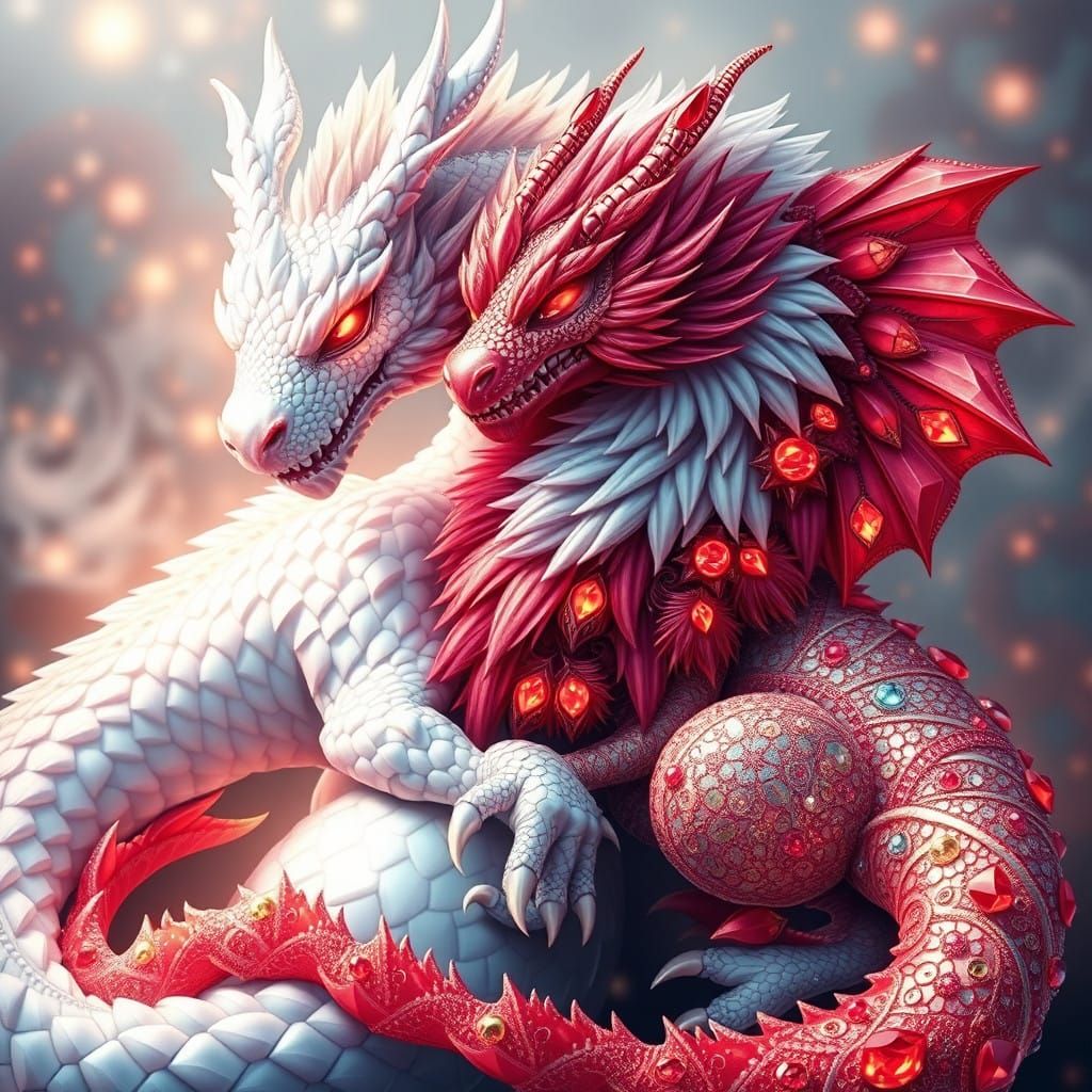 Diamond and Ruby Dragons Unite in Tapestry of Frie... - AI Art