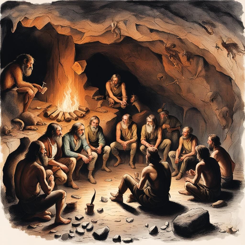 Cro magnon men sitting around a fire in a cave with drawings of ...