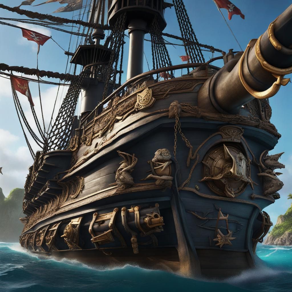 Uss Missouri as pirate ship in Tortuga, in the style of world of ...