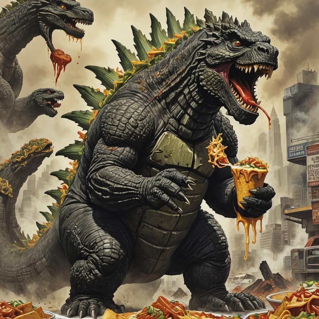 Godzilla eating an enchilada - AI Generated Artwork - NightCafe Creator