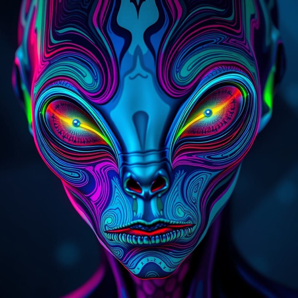 fluo alien - Glowing, Iridescent Alien Portrait in Neon-Lit...