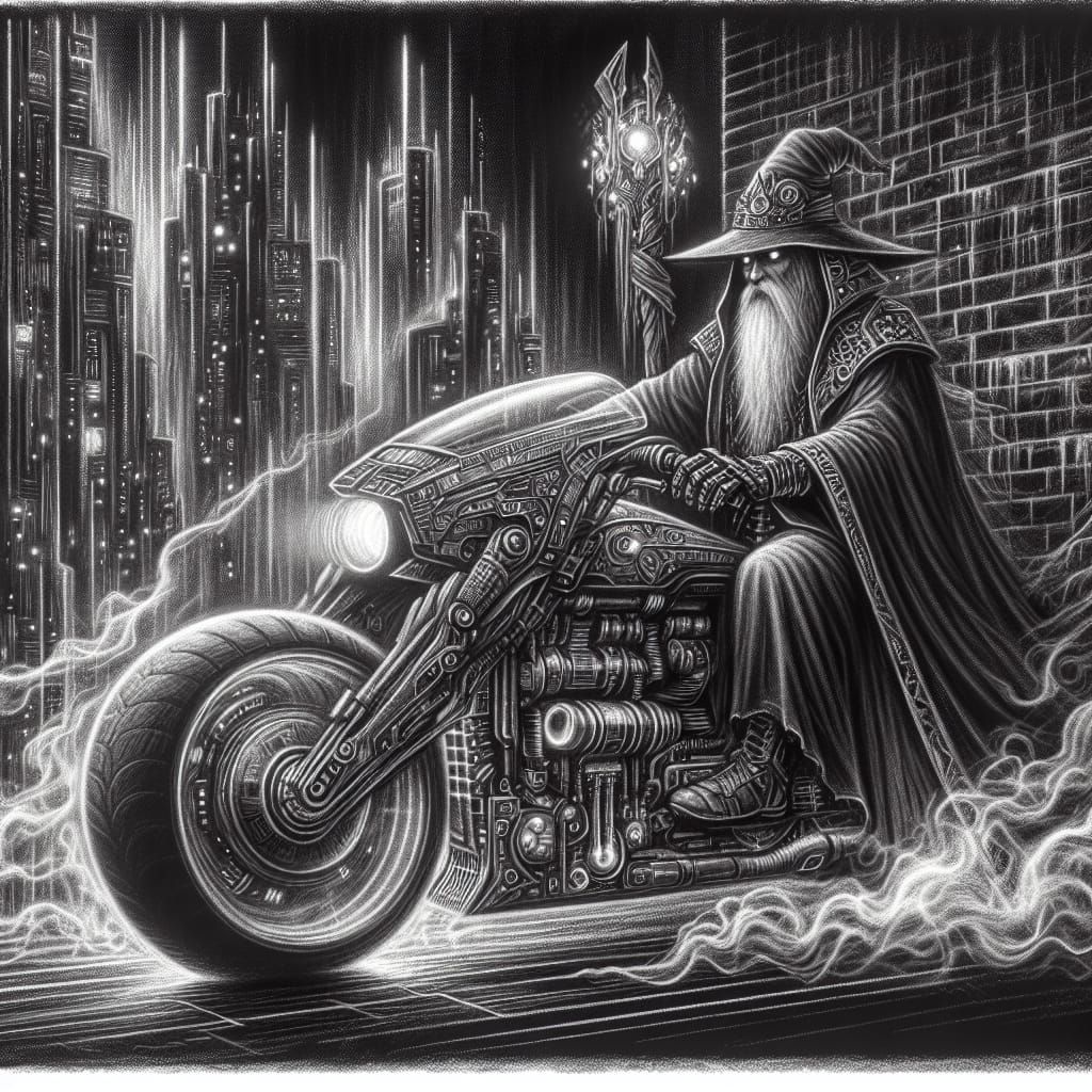 A wizard riding a futuristic motorcycle. a masterpiece, 8k resolution ...