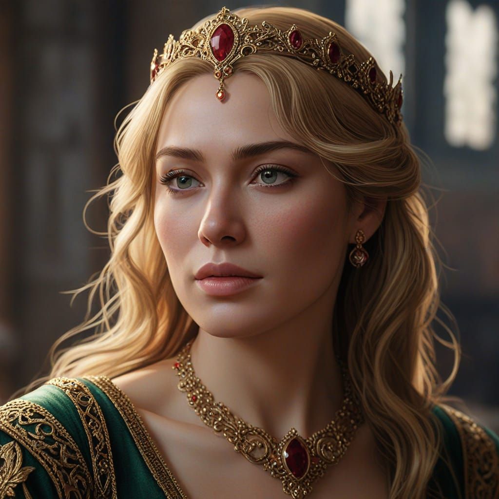 A hyper-realistic, ultra-detailed, cinematic half-body portrait of a Cersei Lannister. Cersei ...