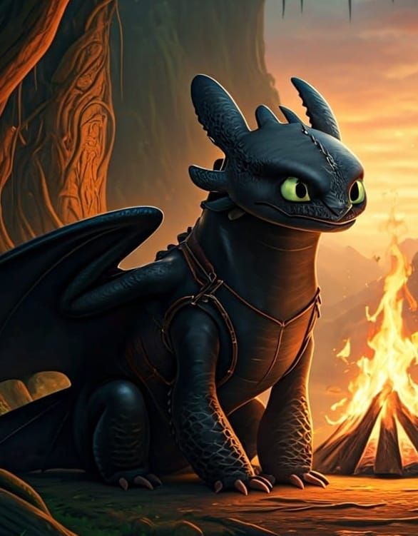 Toothless HTTYD in Front of a Blazing Inferno with... - AI Art