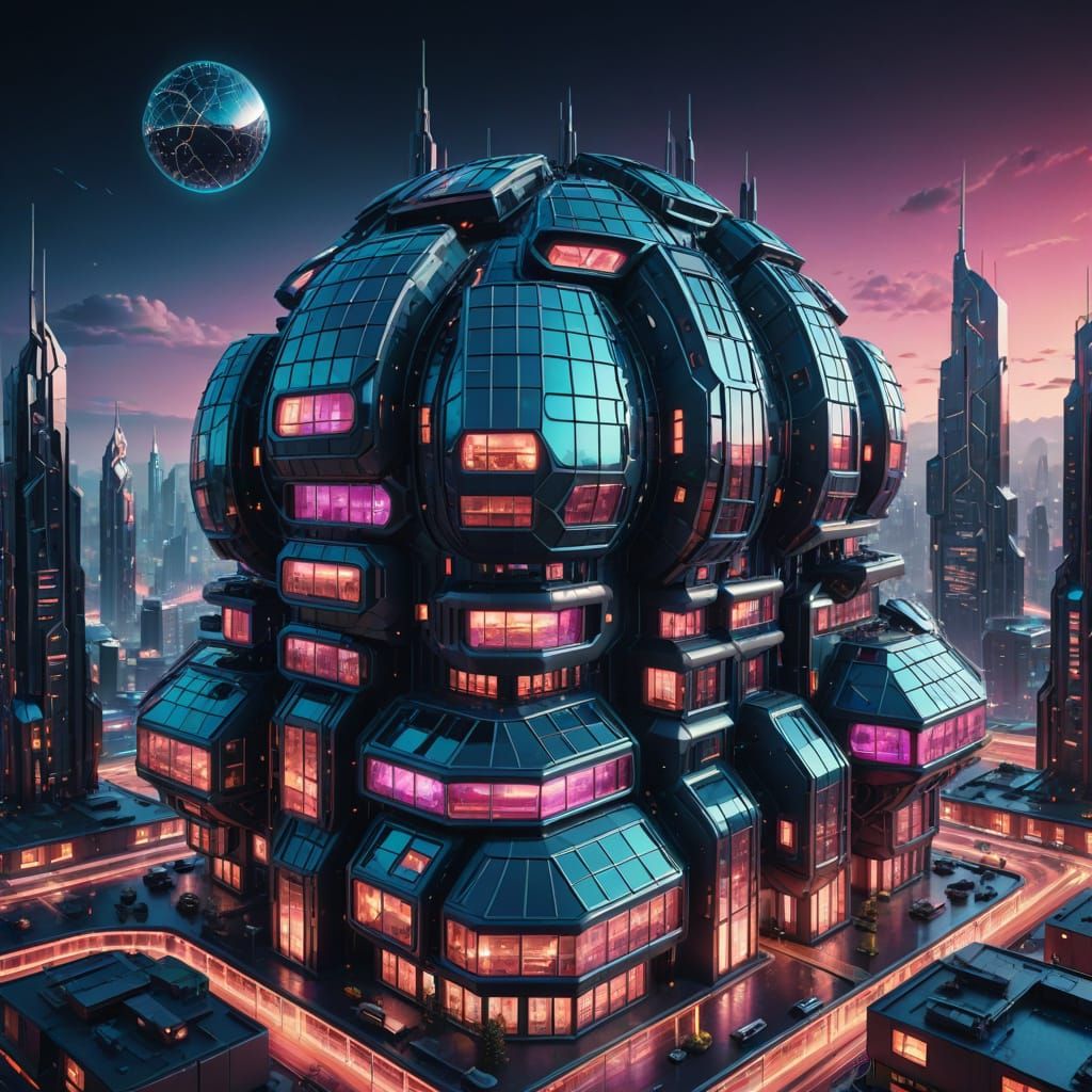 Futuristic Cityscape with Brain-Shaped Building an... - AI Art