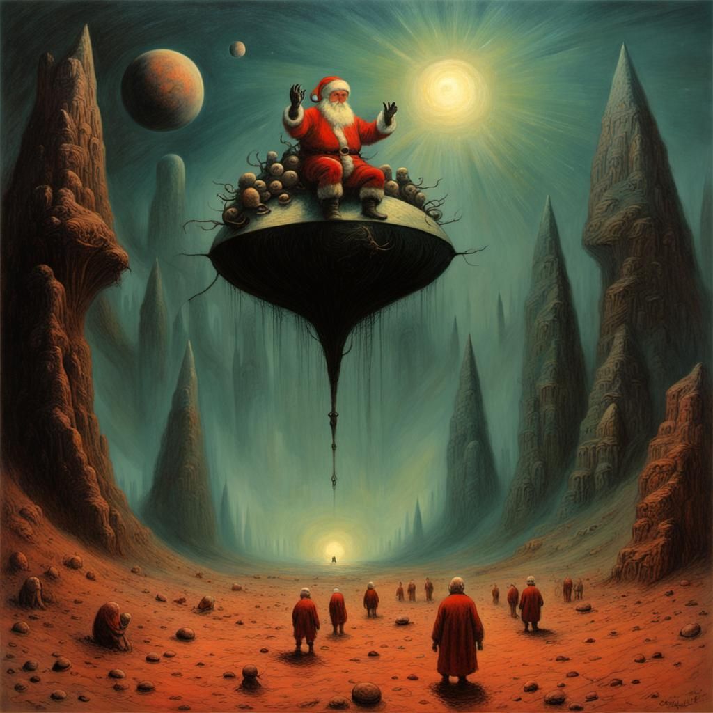 Santa Claus Battles Martian Invaders in Dark Fanta... - AI Art
