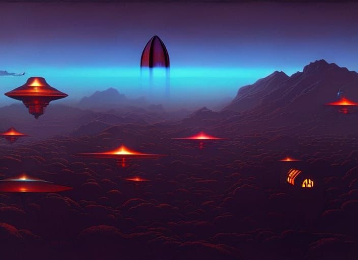 ultra futuristic video arcade game with neon spaceships on its big ...