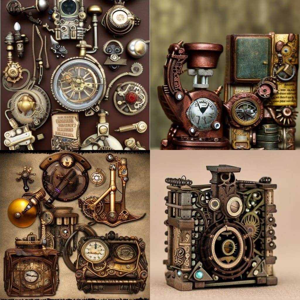 A collection of small, intricate, detailed, complex, whimsical fantasy ...