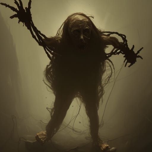 Scary faceless puppet controlled by evil entity with strings. Twisted pose, visible strings ...