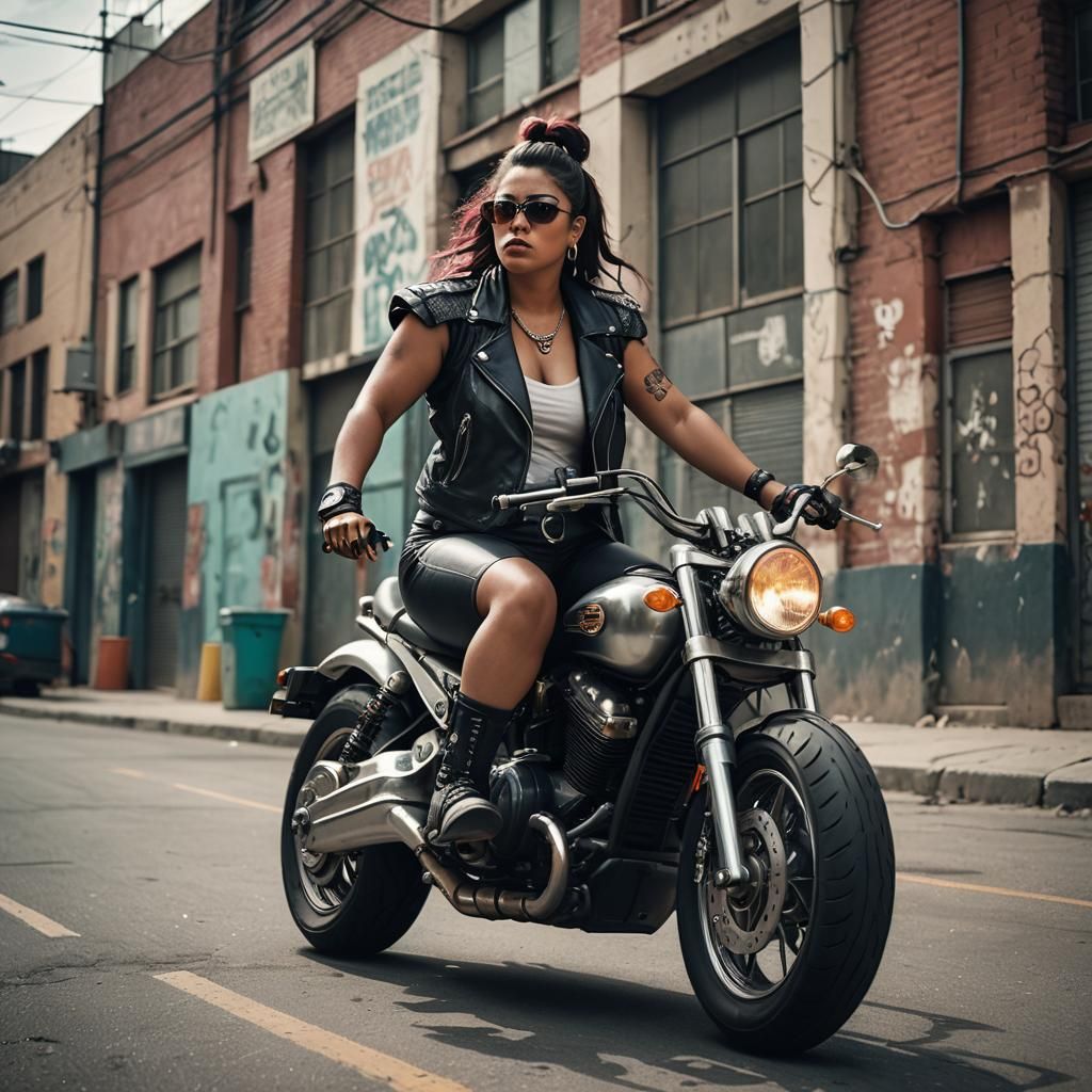 A Mexican female rocker is riding her motorcycle through town. - AI ...